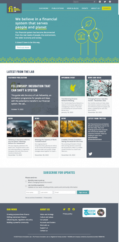 Finance Innovation Lab | Charity web design example | Charity & Biscuits